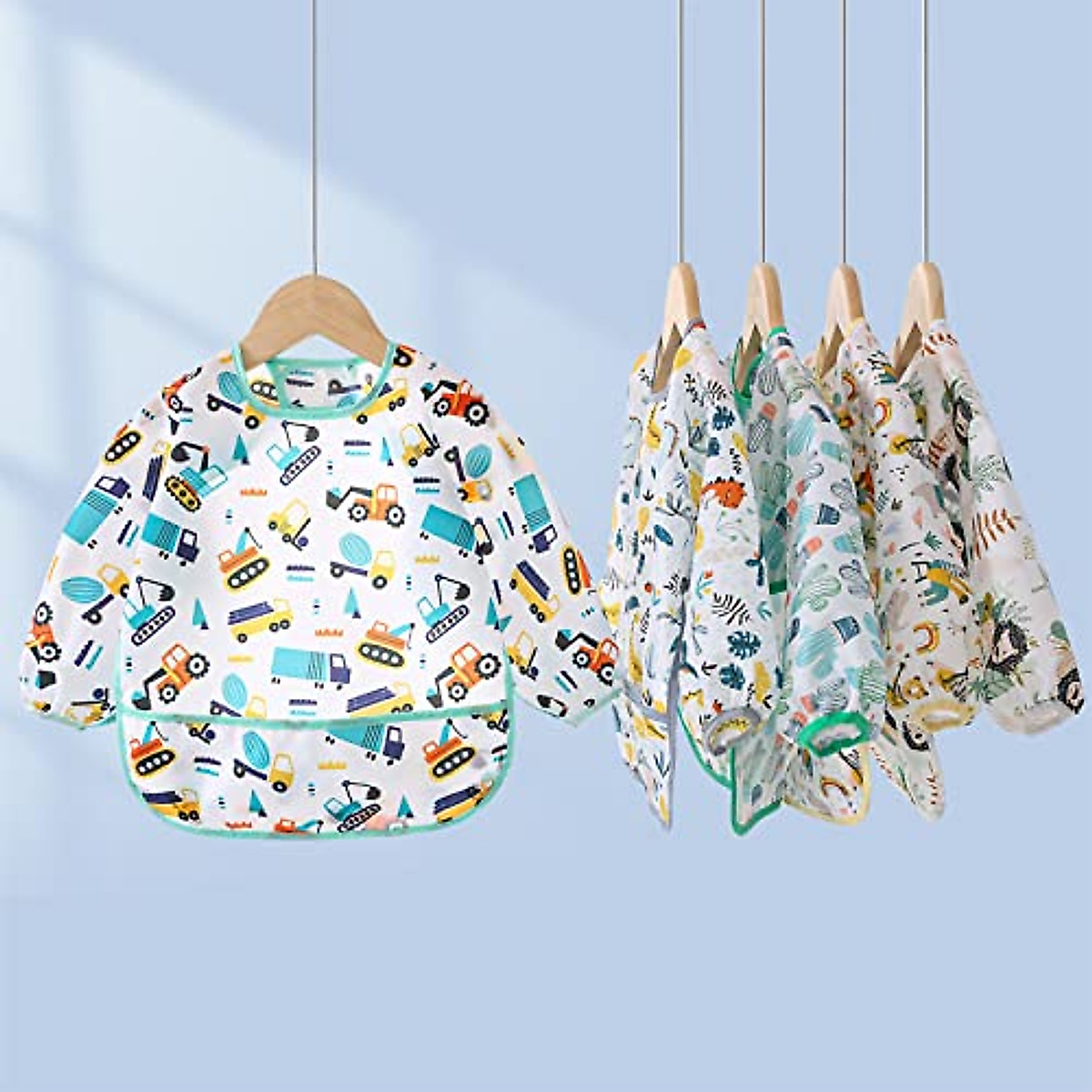 ElecMotive 5 Pack Long Sleeve Bib,Baby Toddler Waterproof Sleeved Bib for 6-30 Months Reusable with Catch-all Pocket