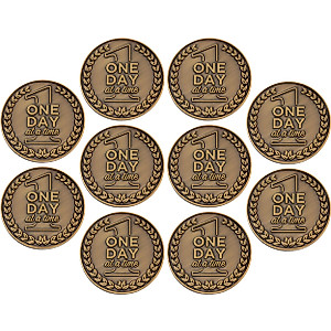 Serenity Prayer and One Day at a Time Coin, Bulk Pack of 10 Recovery Chip Pocket Tokens for AA, Antique Gold Plated Recovery Challenge Coin, Gift of Peace and Sobriety