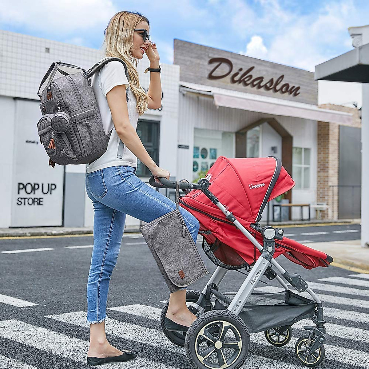 Dikaslon Diaper Bag Backpack, Stroller Hooks, Large Unisex Baby Bags with Changing Pad, Pacifier Case and Universal Stroller Clips for Mom Dad
