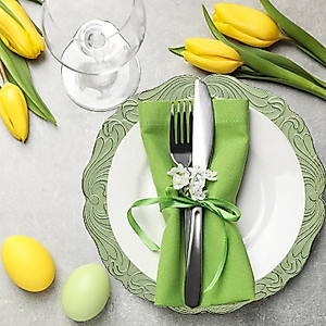 Leemxiiny Antique Green Charger Plates with Embossed Edge, Plastic Flora Decorative Chargers for Dinner Plates Set of 6 Bulk Wedding for Table Setting, Party, Holiday