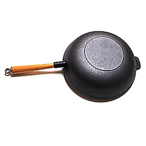 Kasian House Cast Iron Wok with Wooden Handle and Lid, Pre-Seasoned, 12" Diameter Chinese Wok with Flat Bottom, Heavy Duty Stir Fry Pan