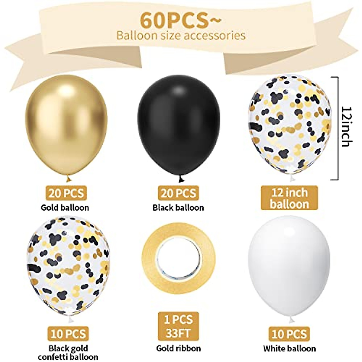 RHGBINLI Black Gold Confetti Latex Balloons, 60 Pack 12 Inch Black Metallic Gold Party Balloons for Graduation Birthday Wedding Party Decorations