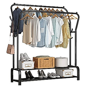 ZBYL Clothes Rack Garment Rack Rail, Metal Double Layer Clothing Closet Rack Hanger Stand with Shelves, Portable Clothing Coat Organizer Rack with Bottom Rack, 110×148cm
