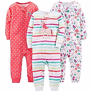 Simple Joys by Carter's Girls' 3-Pack Snug Fit Footless Cotton Pajamas, Pink Hearts/White Unicorn/Owl, 18 Months