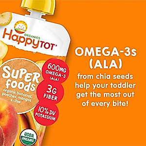 HAPPYTOT Organics Super Foods, Bananas Peaches & Mangos + Super Chia, 4.22 Ounce Pouch (Pack of 16) packaging may vary