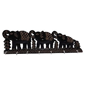 S.B.ARTS Wooden Key Holder- Triple Elephant Design-Black Color Key Hangers-Wooden Key Holder-Wall Key Holders-Key Hook-Home Decor Item-Key Organiser-Antique Look-Vintage Design-Length - 14 Inch