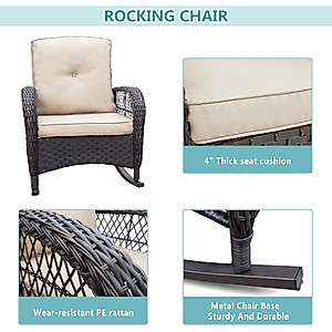 ATR ART TO REAL Outdoor Bistro Rocking Chair Set of 3 Pieces, Outdoor Resin Wicker Rocking Patio Chair, Outdoor Rocking Chairs with Cushions, Outdoor Rattan Conversation Sets