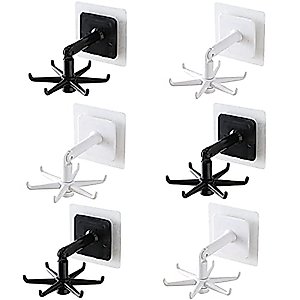 Kitchen Utensil Hanger,Under Cabinet Holder 6 Pieces 360 Degrees Rotating Folding Hook Self-Adhesive Waterproof Utility for Home Bathroom No Drilling （3 White+3 Black）, 4.3×2.7×1.9 inch