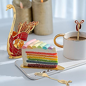 Gusnilo 11PCS Coffee Spoon Dessert Fork Dinnerware Set,Swan Base Holder with 5 Forks and 5 Spoons Metal Dinnerware Set Mini Dessert Spoons Use for Family Dessert Shop (Red,Swan)