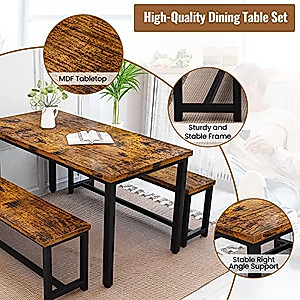 Recaceik 3-Piece Dining Table Set for 4, 43'' Dining Room Table Set with 2 Benches, Space-Saving Dinette Table with Metal Frame & MDF Board, Kitchen Breakfast Table for Dining Room, Rustic Brown