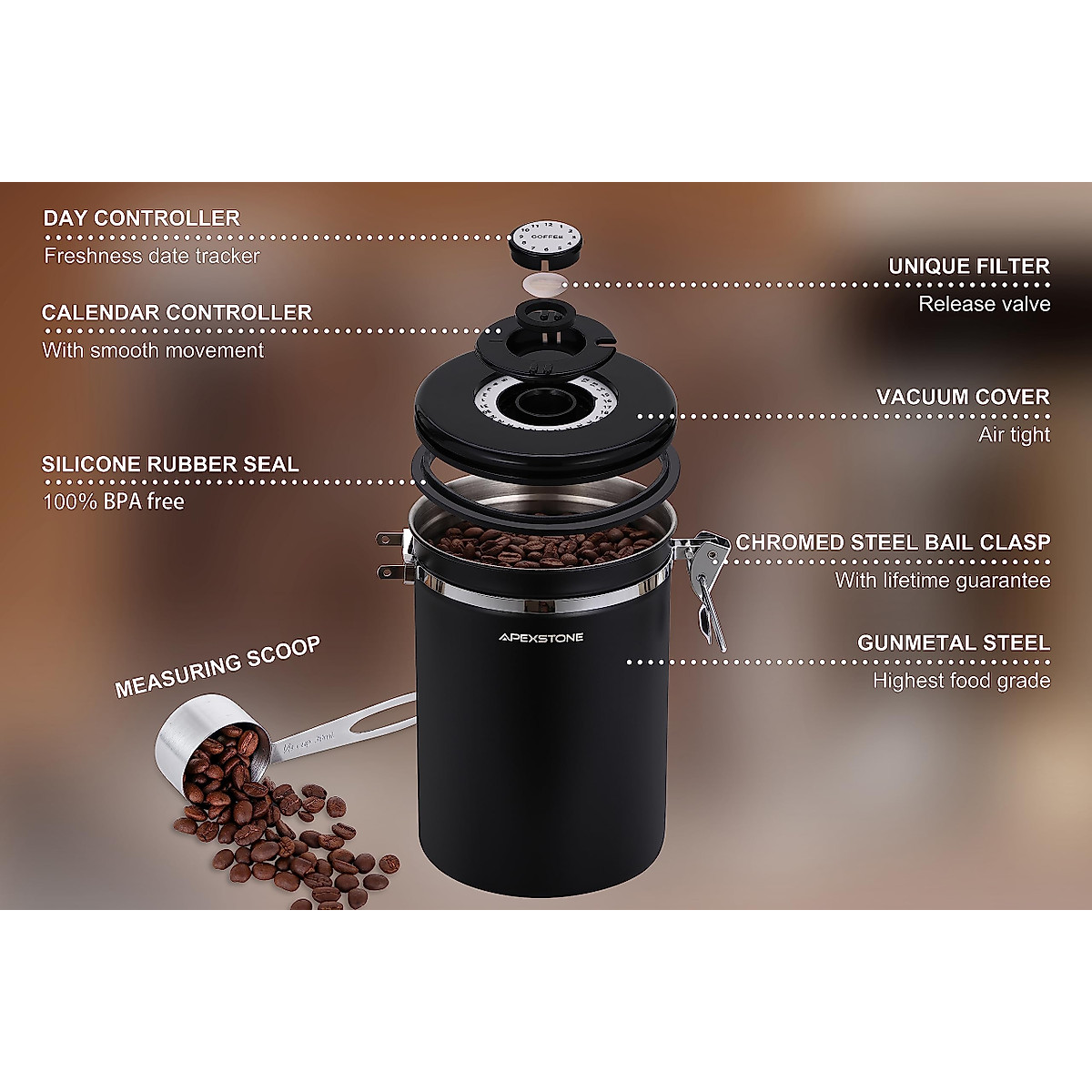 Apexstone Coffee Canister Black Large, Coffee Storage Airtight Canister with Scoop, Airtight Coffee Canister With Scoop(22 oz), Coffee Canister Stainless Steel Storage Container with Date Tracker