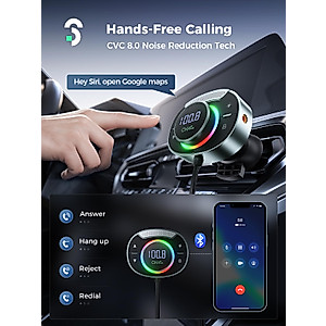 Bluetooth 5.3 FM Transmitter for Car - SOOMFON Bluetooth Car Adapter with Big Mic Bass Stereo Hi-Fi Sound, PD30W QC18W FM Bluetooth Transmitter Car Charger Support Hands-Free Calls, Aux Out, TF Card