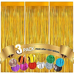 FANNEV 3pcs 3.3 * 8.2ft Gold Tinsel Foil Fringe Curtains Streamers for Birthday Graduation Wedding Engagement Bridal Shower Bachelorette Holiday Gold Party Decorations, Christmas Photo Back Drop