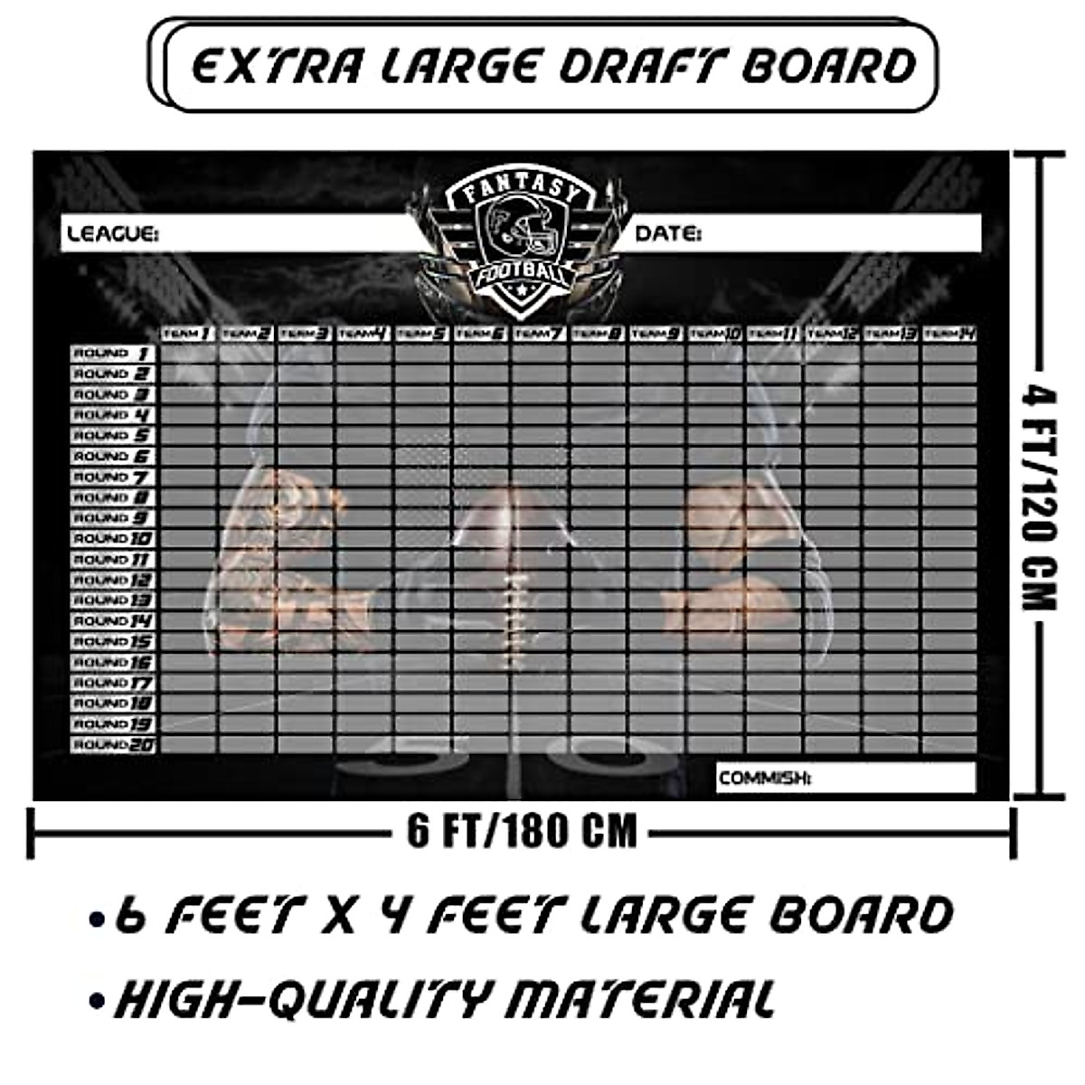 Fantasy Football Draft Board 2023 Kit - 6 Feet x 4 Feet / 5 Feet x 3 Feet Board with 14 Teams 20 Rounds & 650+ Player Sticker Labels (5 Feet x 3 Feet)