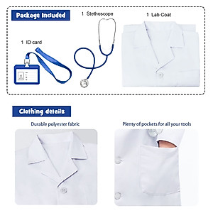 HTVYYDS White Lab Coat for Kids, Doctor Coat with Working Stethoscope and ID Card,Doctor Scientist Costume for Boy Girls