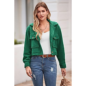 PRETTYGARDEN Womens Fall Clothes Sherpa Shacket Jacket Fuzzy Lapel Button Down Cropped Coat Winter Outerwear (Green,Large)