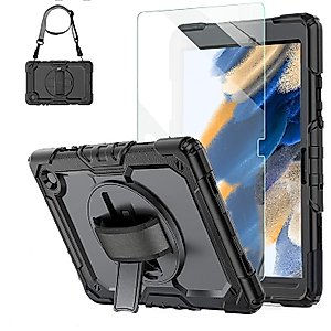 BLOSOMEET Case for Samsung Galaxy Tab A8 10.5 Inch 2022 SM-X200/X205/X207 with [Tempered Glass Screen Protector],Case for Galaxy Tab A8 w/S Pen Holder Stand Hand Strap &Shoulder Strap,Black