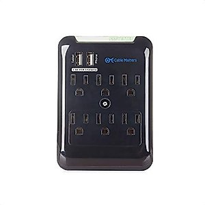 Cable Matters 6 Outlet Wall Mount Surge Protector with USB Charging in Black (Updated Version with Dimmed LED Light)