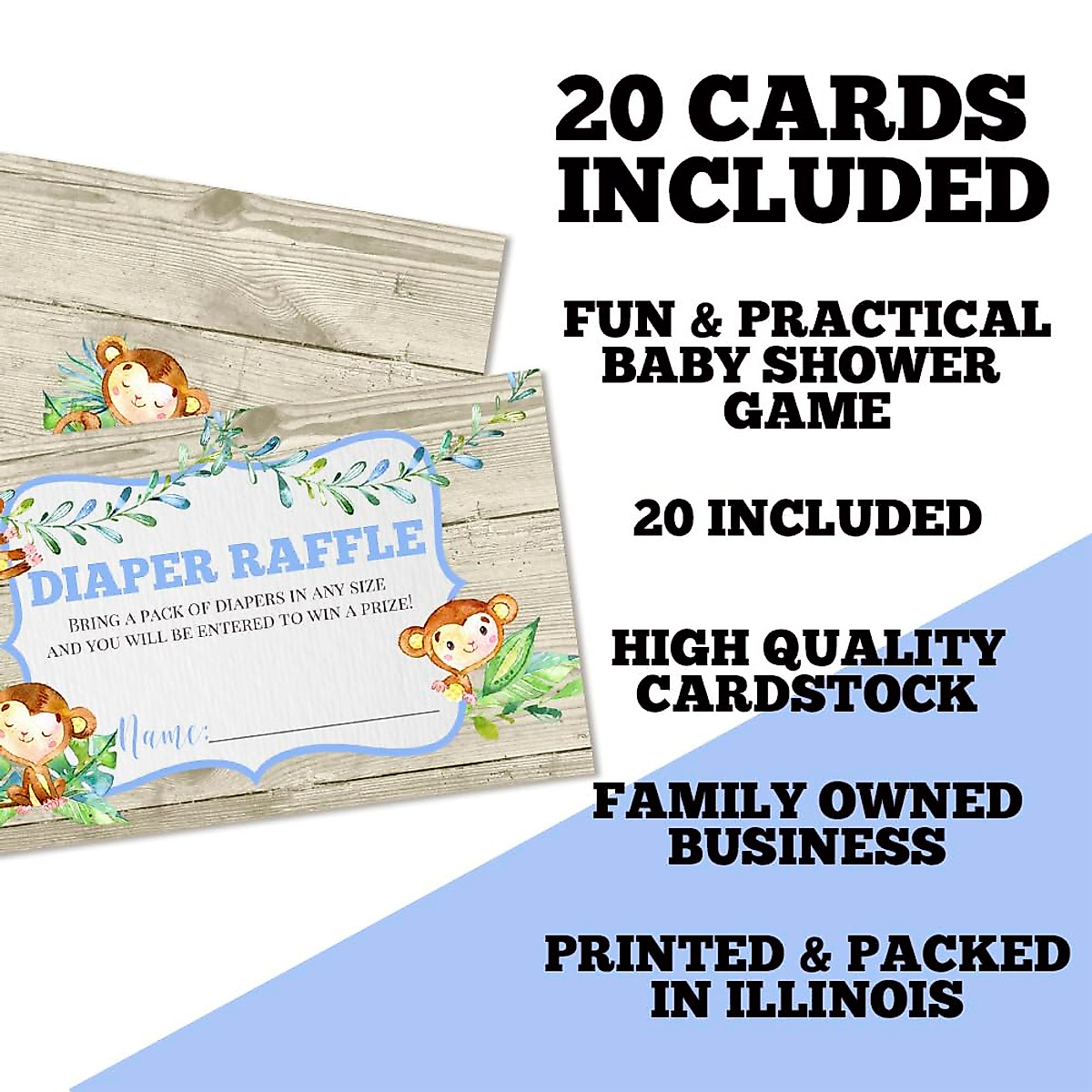 Amanda Creation Watercolor Jungle Monkeys Diaper Raffle Tickets for Baby Boy Showers, 20 2" X 3” Double Sided Insert Cards for Games, Bring a Pack of Diapers to Win Favors & Prizes!