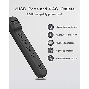 Wishinkle Surge Protector, 4 AC Multiple Plug Outlets with 2 USB Power Strip, 2.5 ft Flat Plug Extension Cord for Home, Office, Travel, School, Black