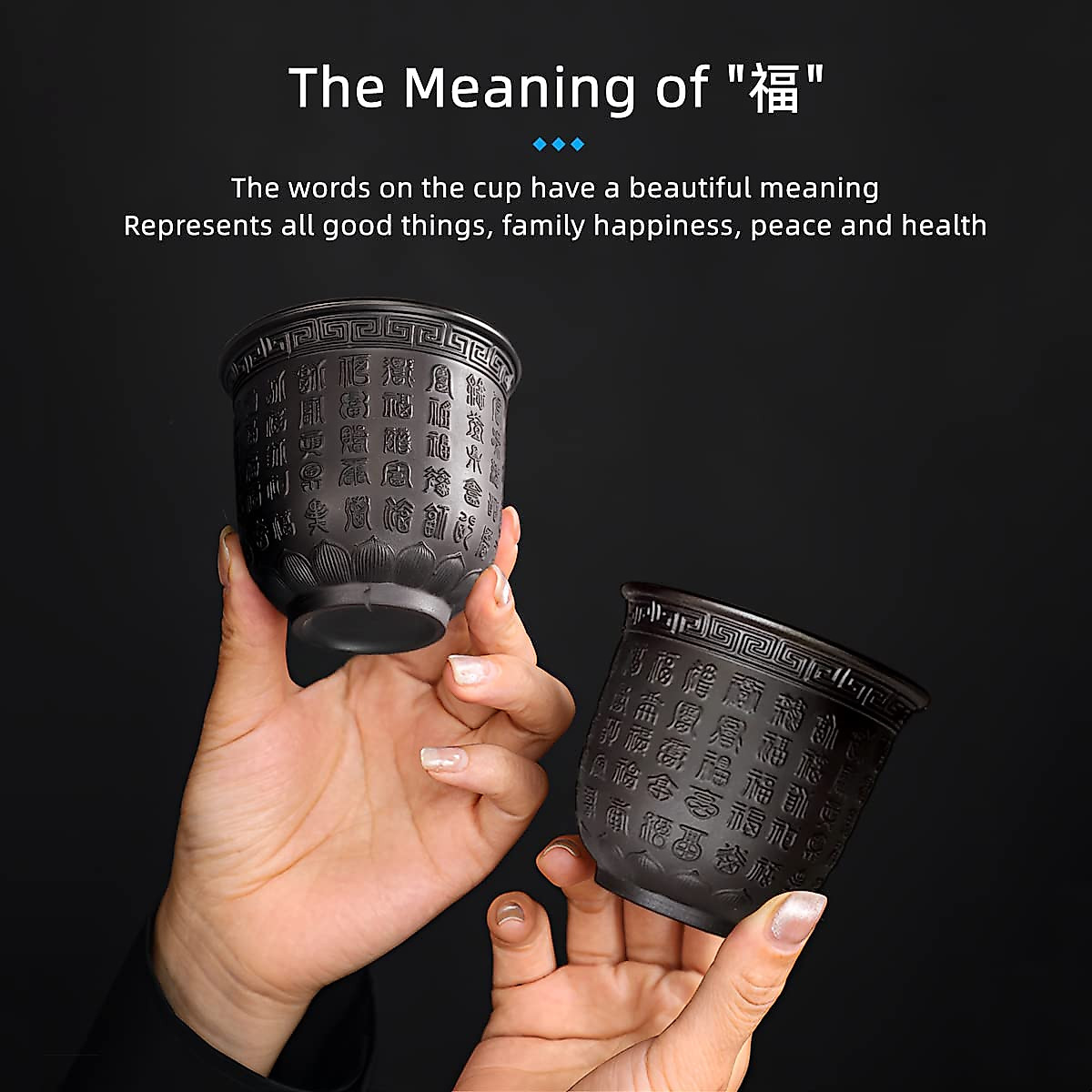 WEOPYCJ Chinese Tea Cup,Asian Japanese Ceramic Tea Cup Set of 4,Black Traditional Hundred Blessings Tea Mugs 5.5oz Suitable for Tea Wine,Coffee,Milk,Sake Cups (Black)