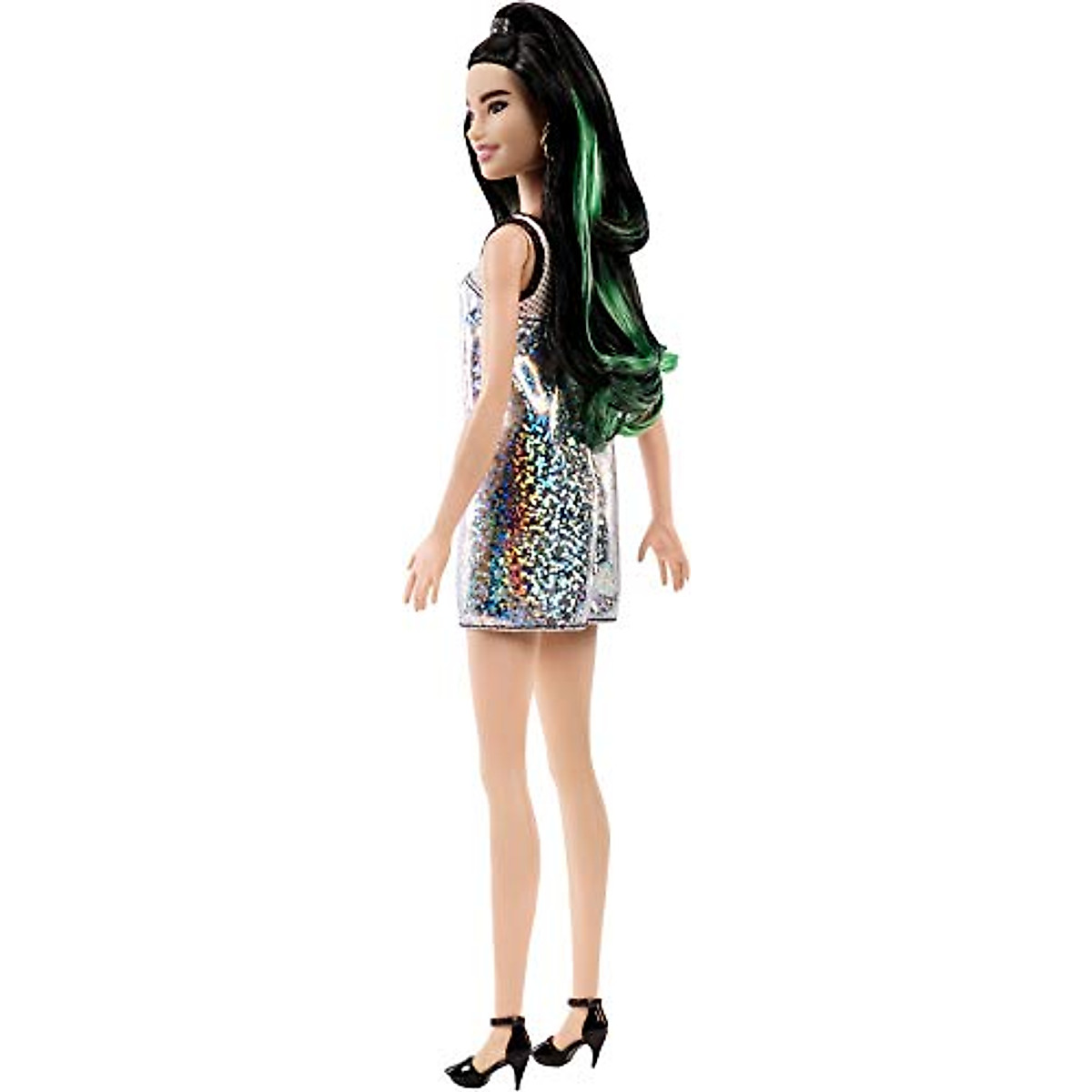 Barbie Fashionistas Doll with Green Streaks in Long Brunette Hair, Wearing Glittery Tank Dress and Accessories, for 3 to 7 Year Olds