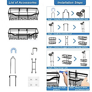Joqixon Shower Caddy, UPGRADED Extended Length Shower Caddy Over Shower Head No Blocking to Shower Head, Rustproof Shower Organizer with Hooks Shampoo Soap Holder, Bathroom Large Hanging Shower Caddy