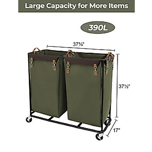 StorageWorks Laundry Sorter Cart with 2 Sections, 390L Laundry Cart with Wheels, Extra Large Double Laundry Hamper, Laundry Basket Divider for Hotel, Home, Green, 1-Pack