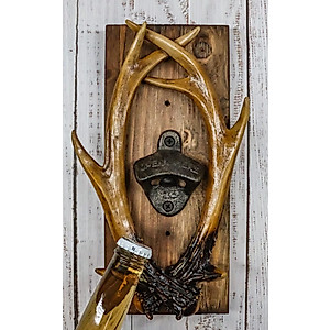 Ebros Rustic Western Faux Entwined Hunter's Stag Deer Antlers Trophy Mounted On Wood Plank Vintage Style Soda Beer Bottle Cap Cast Metal Opener 10.75" High Buck Deers Cabin Lodge Country Wall Plaque