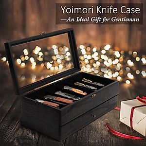 Yoimori Knife Display Case for 9-15 Knives, 2-Layer Pocket Knife Case with Glass Lid & Drawer, Wood Knife Cases for Collections for Men Gift Ideas (Black)