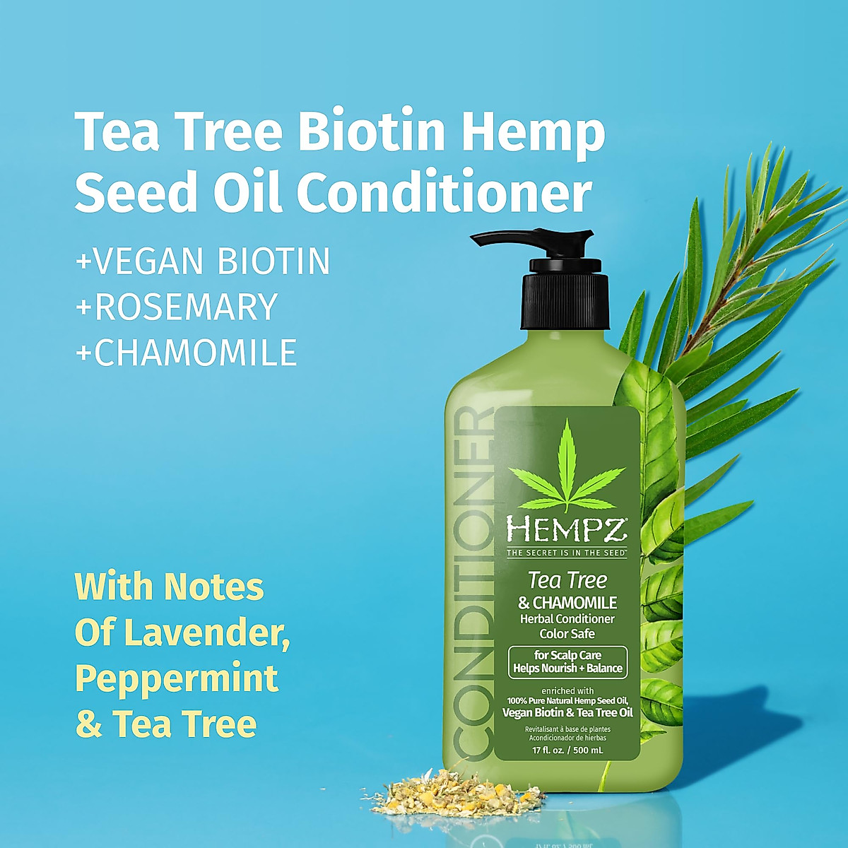 Hempz Biotin Hair Conditioner - Tea Tree & Chamomile - For Scalp Care Hair Growth & Strengthening of Dry, Damaged and Color Treated Hair, Hydrating, Softening, Moisturizing - 17 Fl OZ