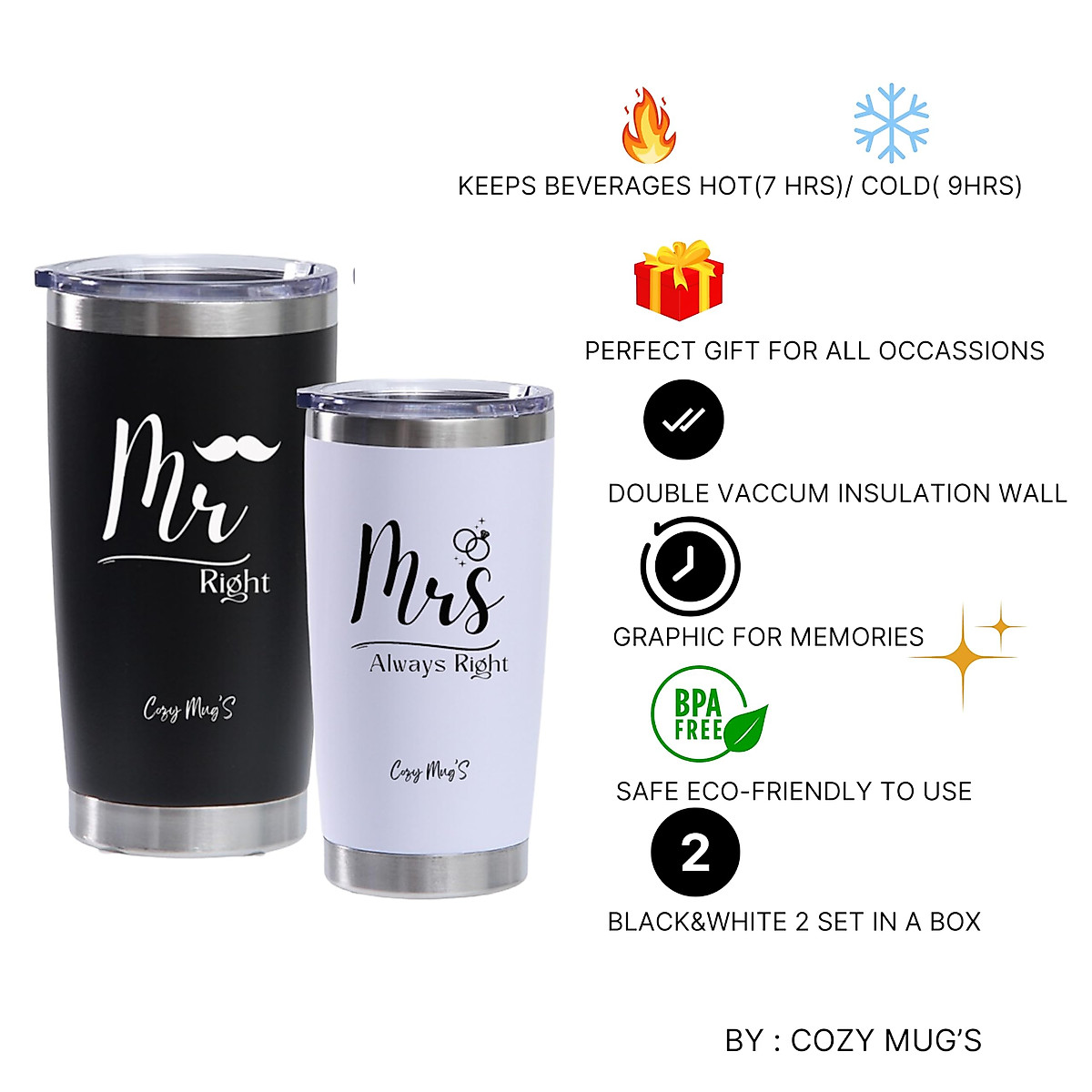 Coffee Tumbler Set 20OzDoubleWall, Travel Insulated Coffee/Tea Thermos, Long-Lasting Hot/Cold Beverages, Couple Gift for anniversary, valentine, birthday surprise- B&W