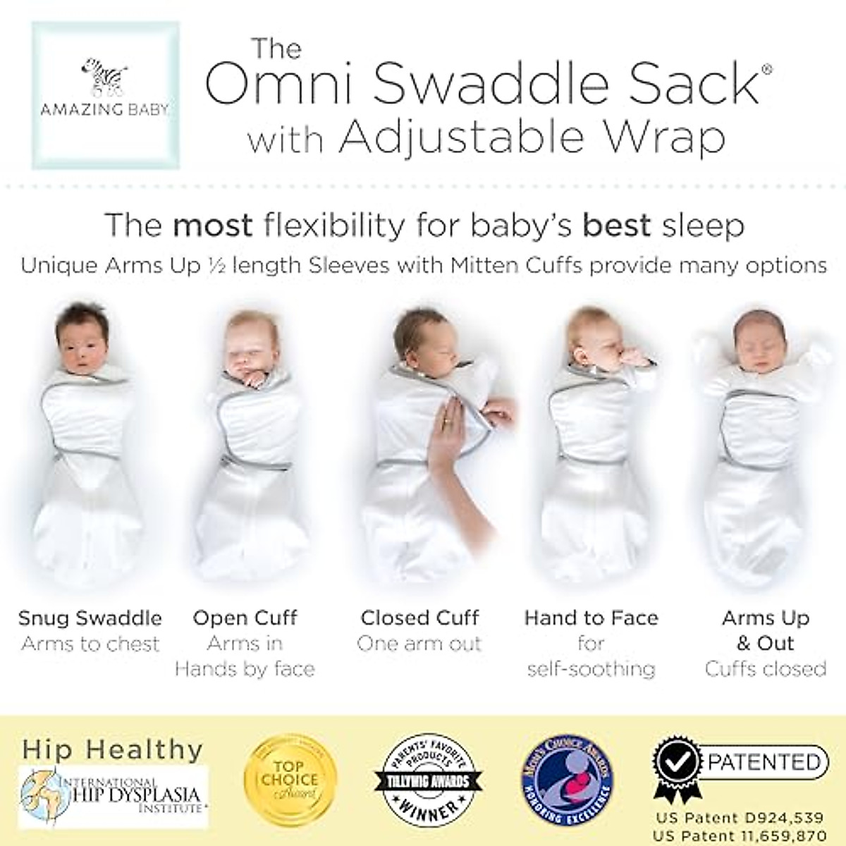 Amazing Baby 6-Way Omni Swaddle Sack for Newborn, Transitional Swaddle Sack with Wrap & Arms Up Sleeves & Mitten Cuffs, Easy Swaddle Transition, Better Sleep, Gray Stars, Small, 0-3 Months