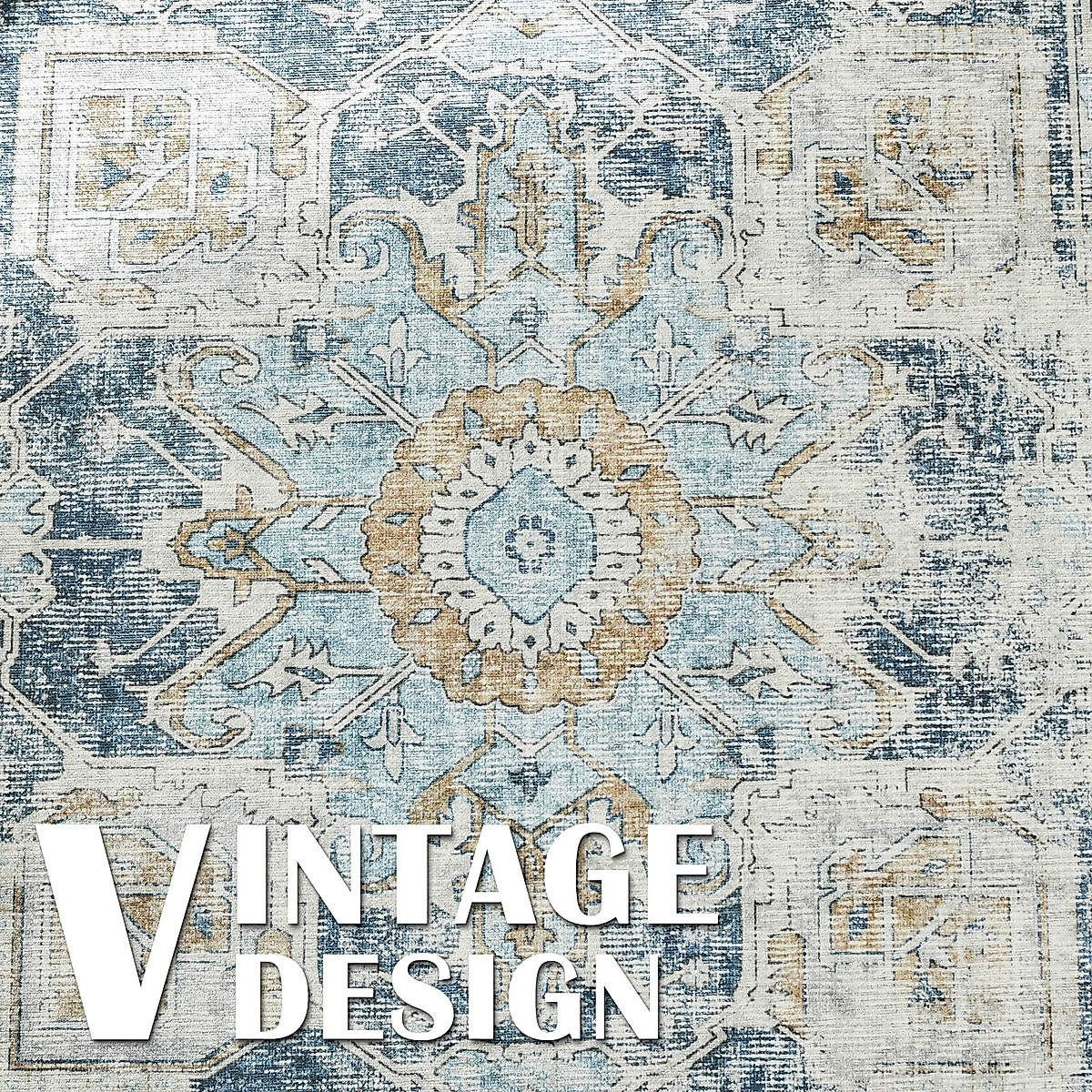 jinchan Area Rug 9x12 Washable Rug Indoor Vintage Rug Floor Cover Print Distressed Carpet Multi Thin Rug Chenille Blue Accent Rug Lightweight Non Slip Kitchen Living Room Bedroom Dining Room
