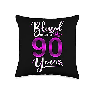 Blessed by God 90th Men Women Vintage Birthday Tee Vintage Blessed by God for 90 Years Old Happy 90th Birthday Throw Pillow, 16x16, Multicolor