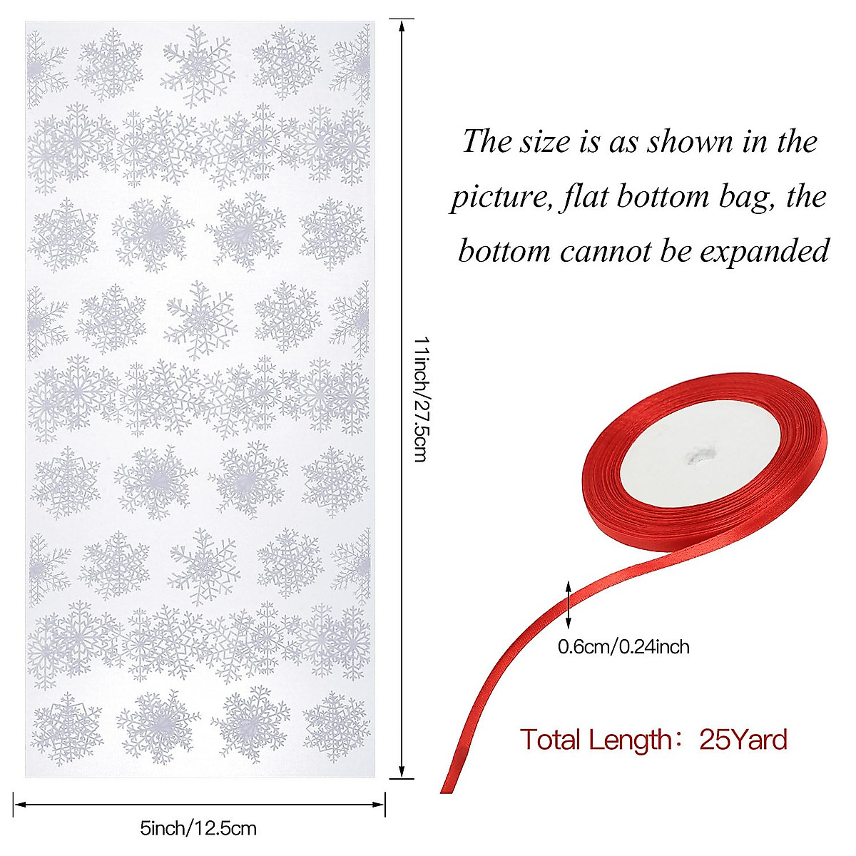 100 Pieces Winter Snowflake Bags Cellophane Holiday Treat Bags Snowflake Cookie Cellophane Bags With Ribbon for Winter Holiday Party Supplies (White Bag with Red Ribbon)
