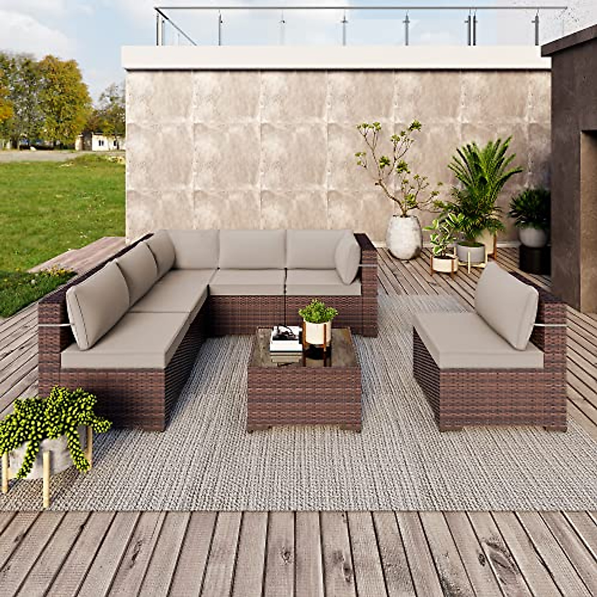 Piltwoff 7 Pieces Wicker Patio Conversation Sets,Modern Outdoor Sectional Furniture Patio Sets All-Weather for Backyard, Balcony(Brown)