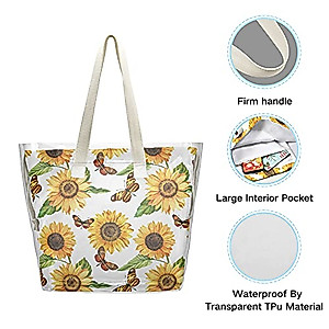 Sunflower Butterfly Clear Tote Bag, Women Shoulder Bag Double Transparent Bags Handbag for Work, School, Shopping, Travel, Beach （21160099）