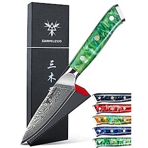 SANMUZUO 3.5 Inch Paring Knife - Kitchen Fruit Vegetable Knife Damascus Steel & Resin Handle - XUAN Series (Jade Green)