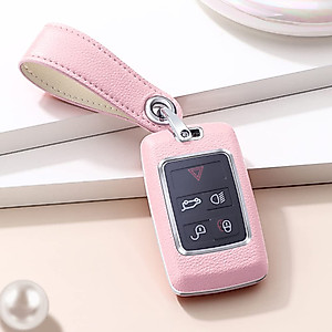 SANRILY PC+Leather Key Fob Cover for Jaguar XF 2021 and for Land Range Rover Discovery Rover Sport 2018 2019 Keyless Smart Key Case Shell with Keychain Pink