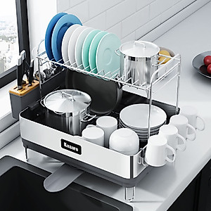Kitsure Dish Rack, 2-Tier Dish Drying Rack with Large Capacity, Multifunctional Dish Drying Rack with Drainboard, Rustproof & Durable Dish Rack