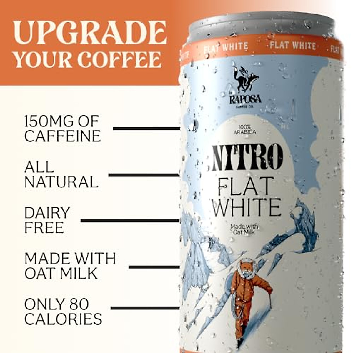 Raposa Nitro Cold Brew Ready to Drink Coffee 250ml - 8.45oz - Made with Oat Milk- Dairy Free - Vegan Cold Brew Ready to Drink, Non GMO, No Artificial Anything - 150mg Caffeine (Flat White (12 Pack))