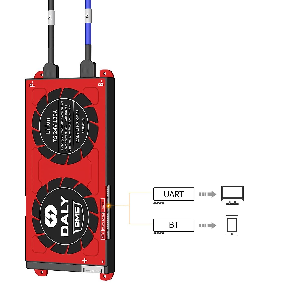 DALY Smart BMS 24V L-ion 7S 120A with Bluetooth Module Resetting Program Common Port for DIY Lithium Battery Pack(Smart BMS,120A)
