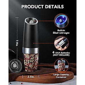 FORLIM Gravity Electric Salt and Pepper Grinder Set, Automatic Pepper Grinder Shakers Mill, Upgraded Batteries Powered Adjustable Coarseness with LED, One Hand Operation Perfect for Kitchen