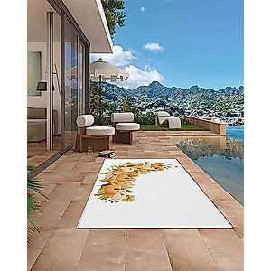 Teamery Outdoor Rug Fall Thanksgiving Maple Leaves Sunflowers Area Rug, Easy Cleaning Waterproof Outdoor Plastic Straw Rug for Patio Decor Backyard Deck Picnic Camping Living Room, 5x8 Feet