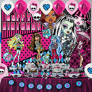 19Pcs Monster High Birthday Party Supplies,1 Happy Birthday Backdrop,18 Ballons for Monster High Party Decorations, 5 x 3FT Birthday Banner for Girls Boys Kids Birthday Party Decorations