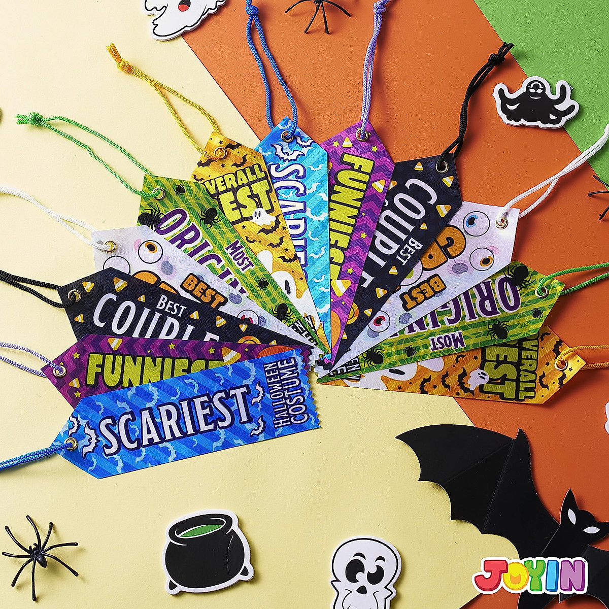 JOYIN 24 PCS Halloween Medal Trophies and Trophy Ribbons for Halloween Award Party Celebration and Spooky Contest Rewards, Halloween Party Favors for Kids, Carnival Game Prizes