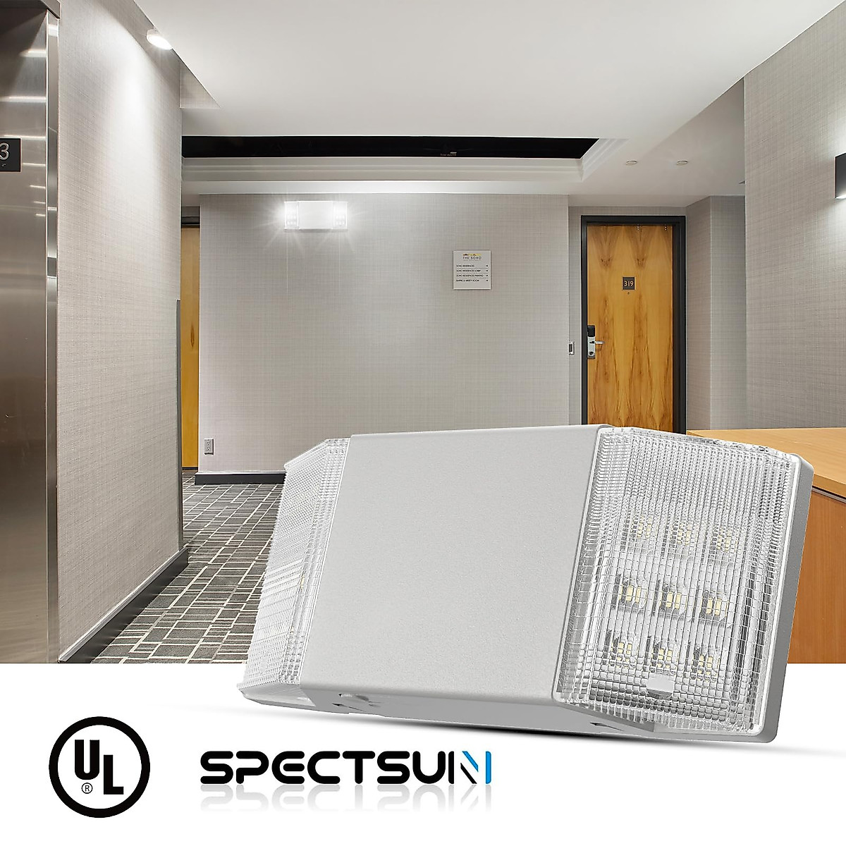 Spectsun 1 Packs Hardwired Emergency Exit Light Fixtures for Business, with Battery Backup, Two Head Adjustable LED Emergency Lighting, UL 924 Certified，AC 120/277V.