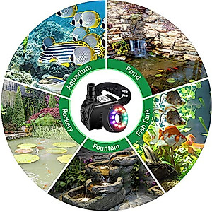 Fountain Pump with Led Lights, 220GPH 15W Submersible Water Fountain with 63" High Lift for Aquarium Fish Tank Pond Hydroponic 5.9ft Power Cord, 2 Nozzles