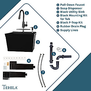JS Jackson Supplies Tehila Black Wall-Mounted Utility Sink Tub Kit with Black Pull-Down Faucet, Wall-Mounted Utility Tub with Wall Bracket for Laundry Room, Garage, Workshop
